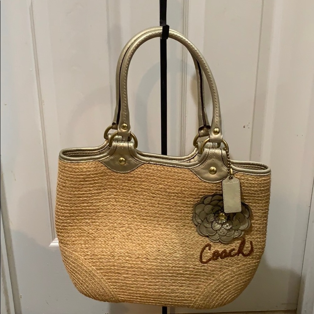 Vintage Coach Straw And Leather Tote Bag Purse - Gem